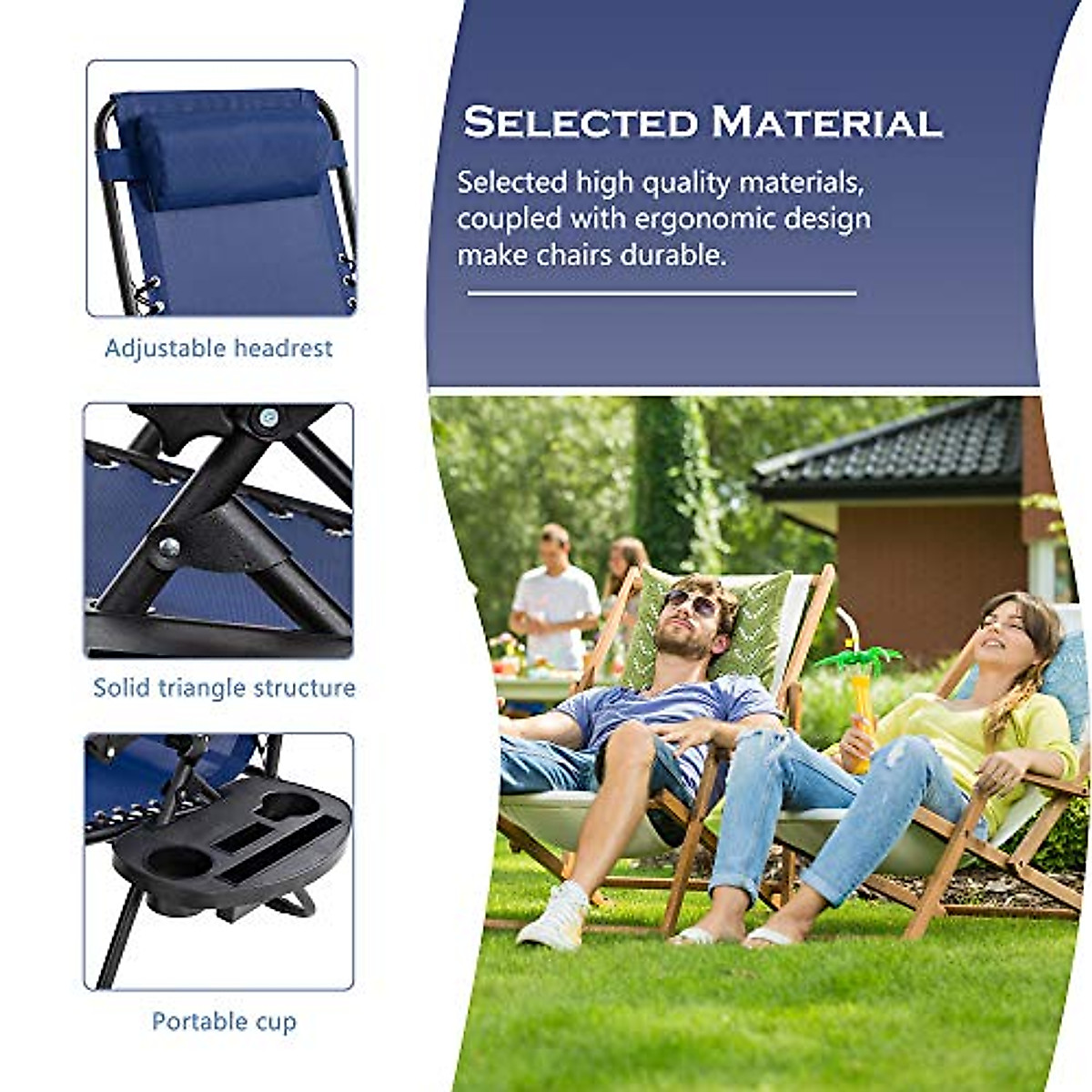 Shintenchi Patio Zero Gravity Recliner Lounge Chair, Outdoor Folding Beach Chair Recliner, Adjustable Long Chair w/ Cup Holder and Headrest, Set of 2 for Yard Garden Deck Poolside Camp, Dark Blue