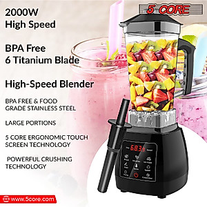5 Core 2L Professional Countertop Blender Touch Screen For Kitchen 68 Oz 2000W High Speed BPA Free 6 Titanium Blade Smoothie Blender Electric For Soup Shake Juice Multi-Speed Digital JB 2000 D
