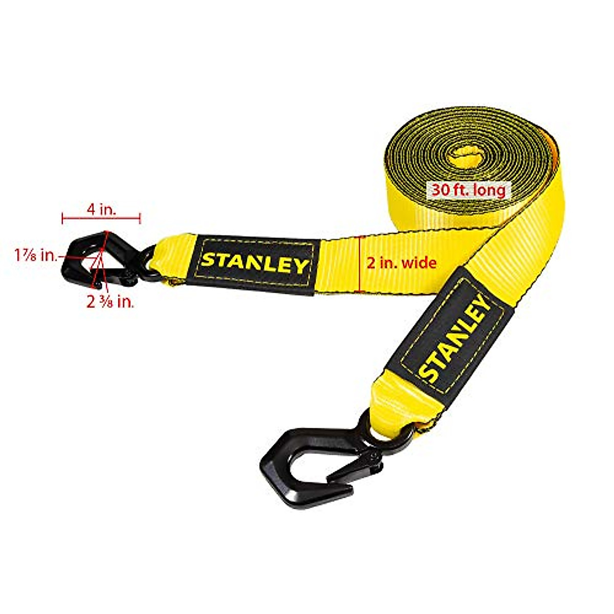 STANLEY ‎S1053 Black/Yellow 2" x 30' Tow Strap with Tri-Hook (9,000 lb Break Strength) for Disabled Recreational Vehicles
