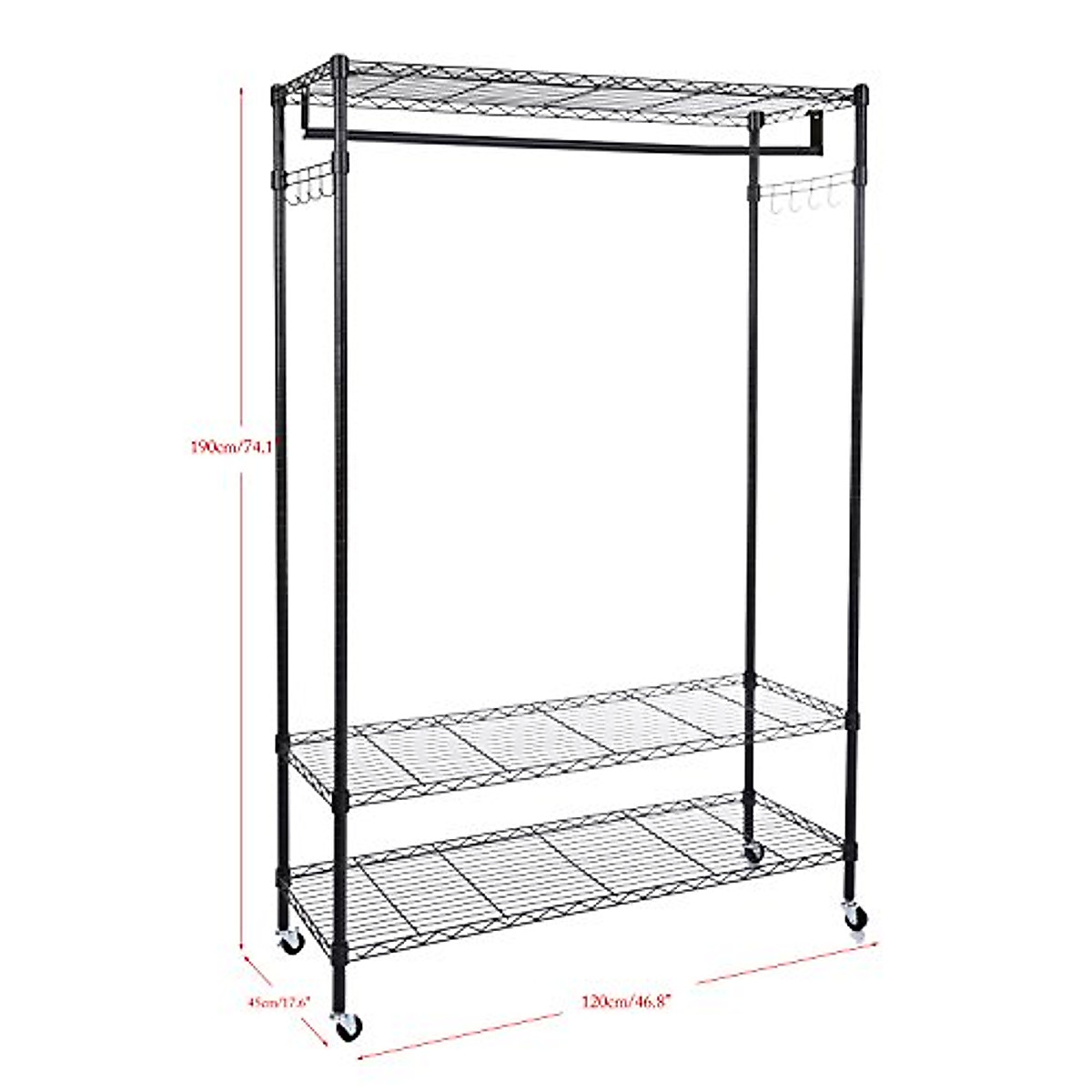Oliote Rod Garment Rack 3 Tier Metal Wire Shelving Hang Large Rolling Movable Clothes Drying Rack with Lockable Wheels and Pair Side Hooks