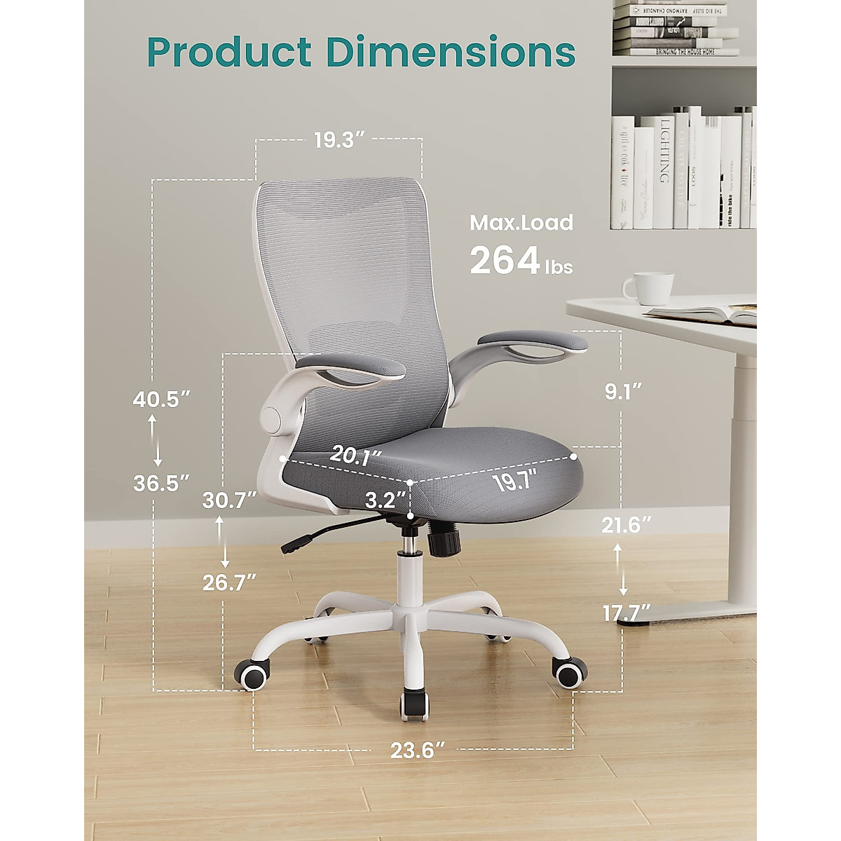 MUXX.STIL Office Chair, Ergonomic Desk Chair with Adjustable Lumbar Support and Flip up Armrest, Breathable Mesh Computer Chair for Home Office, Gray