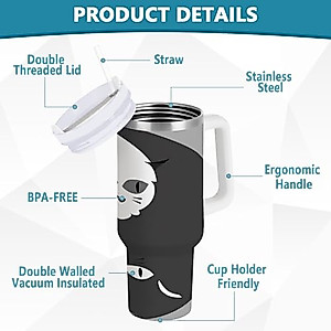 RPLIFE White Black Yin Yang Cats 40 Oz Tumbler, Stainless Steel Tumbler with Straw, Tea Tumbler