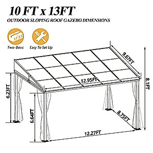 GARTOO 10' x 13' Outdoor Wall-Mounted Hardtop Gazebo, Aluminum Frame Pergola Sunroom with Sloping Polycarbonate Roof & Double Curtains for Garden, Lawn, Party, Deck