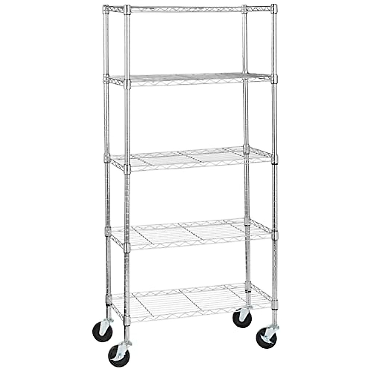 Amazon Basics 5-Shelf Adjustable, Heavy Duty Storage Shelving Unit on 4'' Wheel Casters, Metal Organizer Wire Rack, 30" L x 14" W x 64.8" H, Chrome