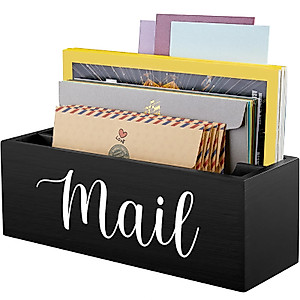 DRASTAR Mail Organizer, Mail Holder with 2 Slots, Mail Basket for Wall Table Countertop, Wood Desk Mail Organizer, Black Envelope Holder for Home Office