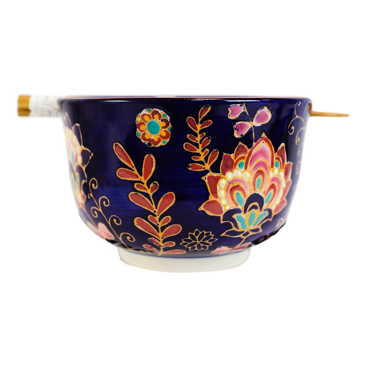 Ebros Midnight Purple Mandala Purple Floral Blossoms Ramen Udon Noodles Large 6.25"D Soup Bowl With Bamboo Chopsticks And Built In Rest Set for Asian Dining Rice Meal Bowls Decor Kitchen