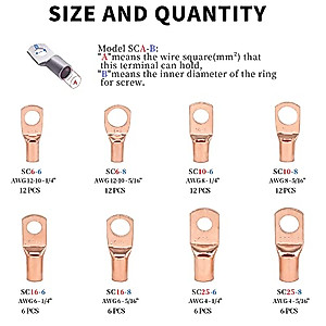 144Pcs Battery Terminal Connectors,HEMEI AWG4 6 8 12/10 Cable lugs, Heavy Duty Terminal Wire Lugs,72pcs Battery Cable Ends Ring Terminals with Spy Hole and 72pcs 3:1 Heat Shrink Tubing.