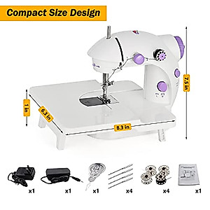 Mini Sewing Machine Dual Speed Portable Sewing Machine with Extension Table Foot Pedal Household Electric Small Sewing Machine for Beginner Kids Women Fabrics Clothing Home Travel - Purple