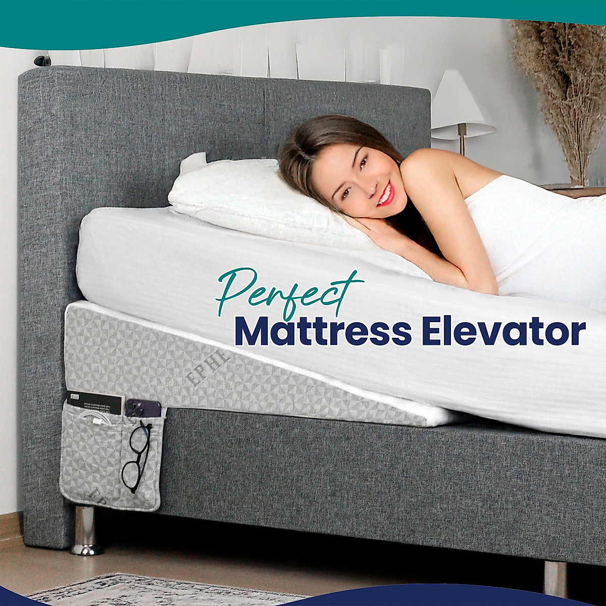 Under Mattress Wedge for Acid Reflux, Queen Size Bed Wedge, Under Mattress Support & Mattress Riser, Memory Foam Top 7.5-Inch Head Riser Incline Topper, Non-Slip Bottom & Side Storage Pockets