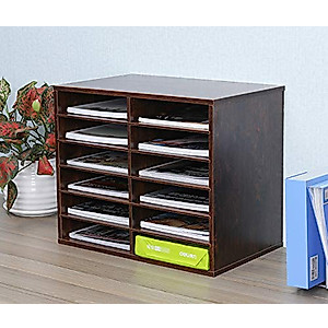 PAG Wood Desktop Literature Organizer Adjustable File Sorter Mail Center Magazine Holder Paper Storage Cabinet Classroom Keepers Mailbox for Office Home School, 12 Compartments, Brown