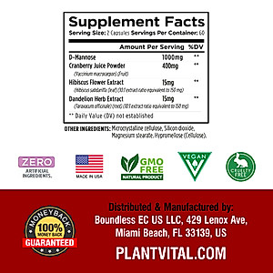 Plantvital D Mannose Capsules with Cranberry - D-mannose 1000mg Capsules - High Potency for Bladder, Kidney and Urinary Tract Support. Cranberry Powder with Hibiscus and Dandelion. 2 Months Supply