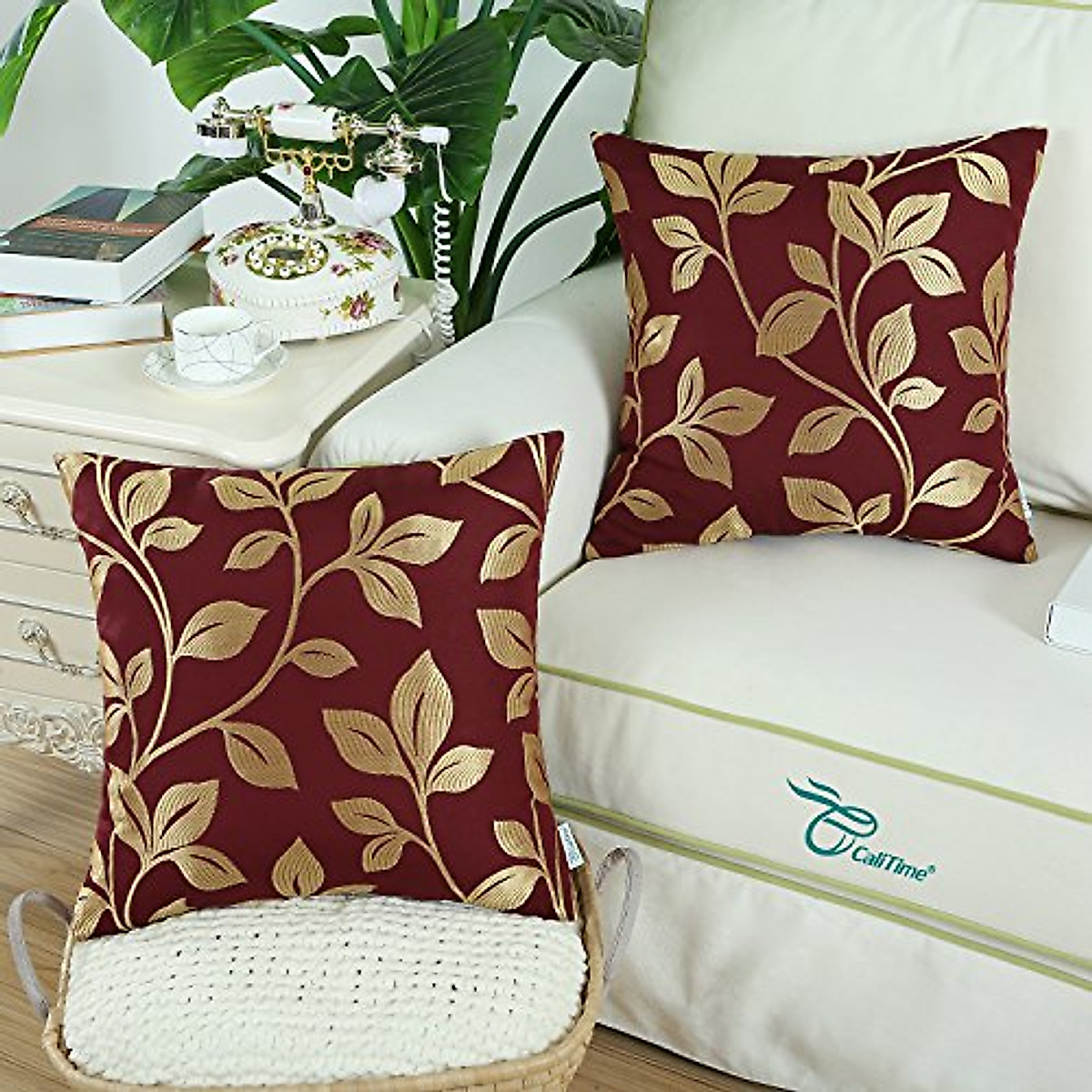 CaliTime Throw Pillow Covers Pack of 2 Cute Growing Leaves Cushion Cases Shells for Couch Sofa Home Decoration 18 X 18 Inches Burgundy/Gold