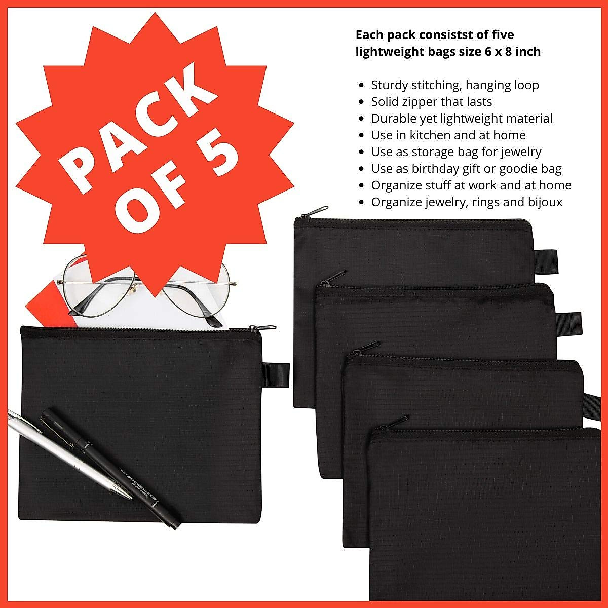 Zipper Bag - Set Of 5 - Carry All Pouch To Organize Travel Toiletries Pens Cosmetics (8 x 6, Black)