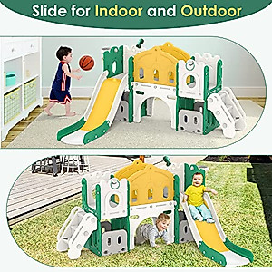 BIERUM 8 in 1 Toddler Slide, Kids Slide for Toddlers Age 1+ with Extra Long Aisle, Storage Space, Ring Toss and Basketball, Outdoor Indoor Slide Playset Toddler Playground Easy Assembly