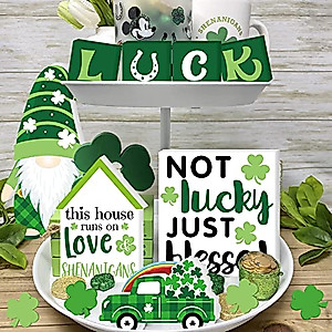 St Patricks Day Tiered Tray Decorations Set - St Patricks Day Shamrock Wooden Signs with Green String Lights for Spring Irish Saint Patricks Day Home Table Decorations