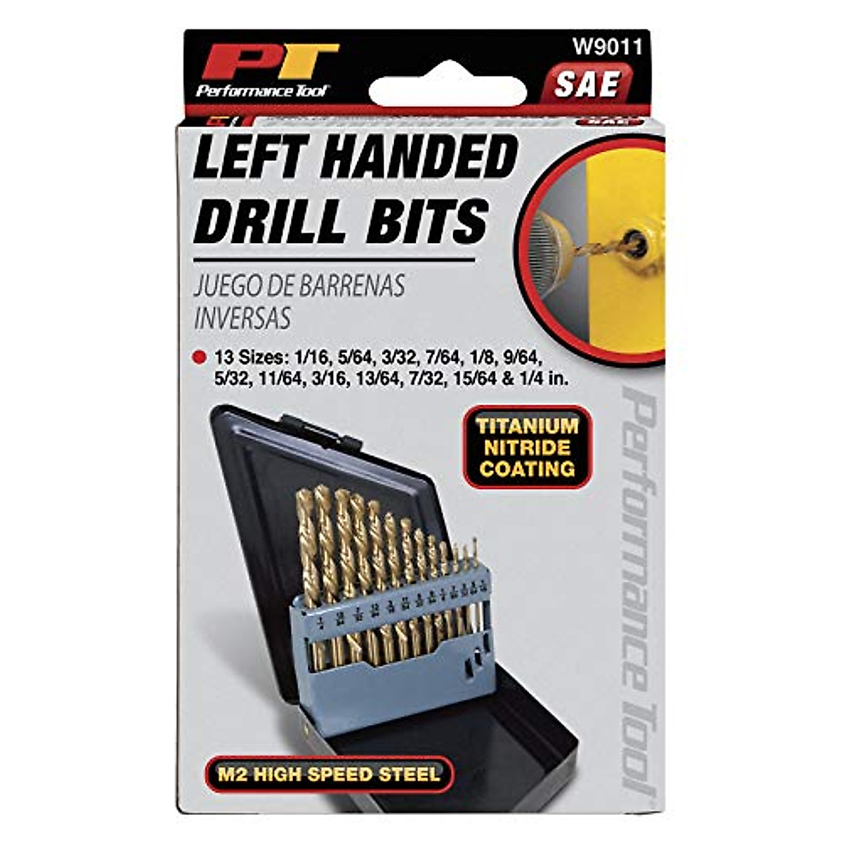 Performance Tool W9011 13pc Left Hand Drill Bit Set, With Titanium Nitride Coating SAE (1/16" - 1/4")