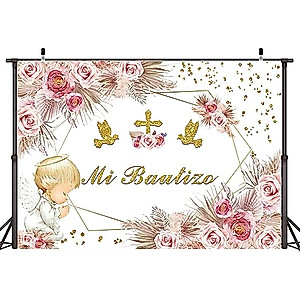 7x5ft Mi Bautizo Backdrop for Girl Baptism Gold Bless Background Boho Pink Flower Golden Dots Photography Baby Shower Banner Party Decorations Floral Newborn Photo Booth Props Supplies