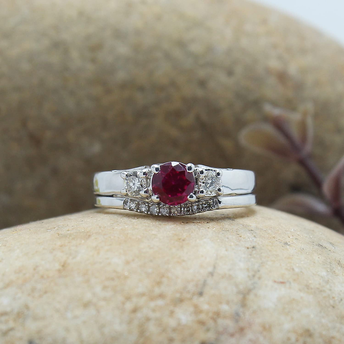 GEMVIO Collection Three Stone Ring, 5MM Round Lab Created Ruby Gemstone & Natural Diamond In 14K White Gold Over Sterling Silver Engagement Anniversary Wedding Bridal Set Ring(0.80Cttw)-7