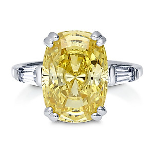 BERRICLE Sterling Silver 3-Stone Canary Yellow Cushion Cut Cubic Zirconia CZ Statement Cocktail Fashion Anniversary Ring for Women, Rhodium Plated Size 6
