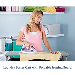 HollyHOME Laundry Sorter Cart with Side pull 3-Bag Ironing Board Heavy-Duty 4 Wheels Laundry Hamper Blue Grey