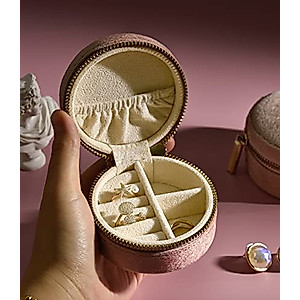 TAIMY Velvet Travel Jewelry Box, Round Small Travel Jewelry Case for Women Girls, Portable Mini Jewelry Travel Organizer Boxes for Rings Earrings Necklaces Bracelets(Blush Peach)