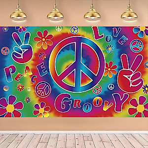 LOONELO Peace Groovy Love Backdrops Banner with 71x44 inch,60's Carnival Groovy Party Decoration Banner,Retro Hippie Boho Photography Background for Hippie Theme Groovy Party Decorations Rainbow