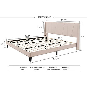 Benevika King Size Platform Bed Frame with Geometric Wingback Headboard, Wooden Slats Support, No Box Spring Needed, Easy Assembly, Gray