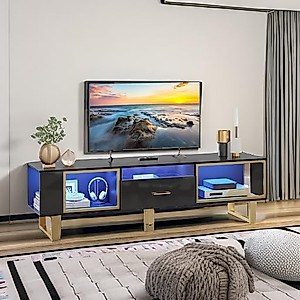 Bestier 70 Inch TV Stand for 75/77/80 Inch TV, LED Gaming Entertainment Center with Open Storage & Drawer, Modern High Gloss TV Console Table for Living Room Bedroom, Black and Gold