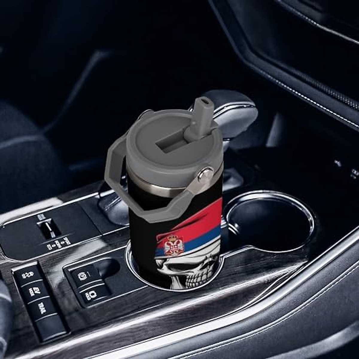 Serbian Serb Flag Skull 30 OZ Insulated Tumblers with Handle And Straw Leakproof Vacuum Insulated Stainless Steel Water Bottle for Car Fishing Travel