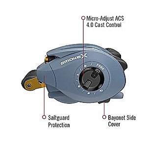 Quantum Smoke X Baitcast Reel and Fishing Rod Combo, 7-Foot 2-Inch 1-Piece EGC4 Composite Cranking Fishing Pole with Split-Grip EVA Rod Handle, Right-Hand Retrieve, Blue