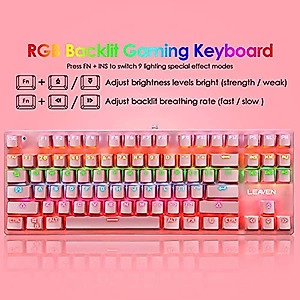 4-in-1 Gaming Keyboard Mouse Combo,87 Keys Rainbow Mechanical Keyboard,RGB 12000 DPI Lightweight Pink Gaming Mouse with Honeycomb Shell,3.5mm Gaming Stereo Headset for PC Laptop Computer