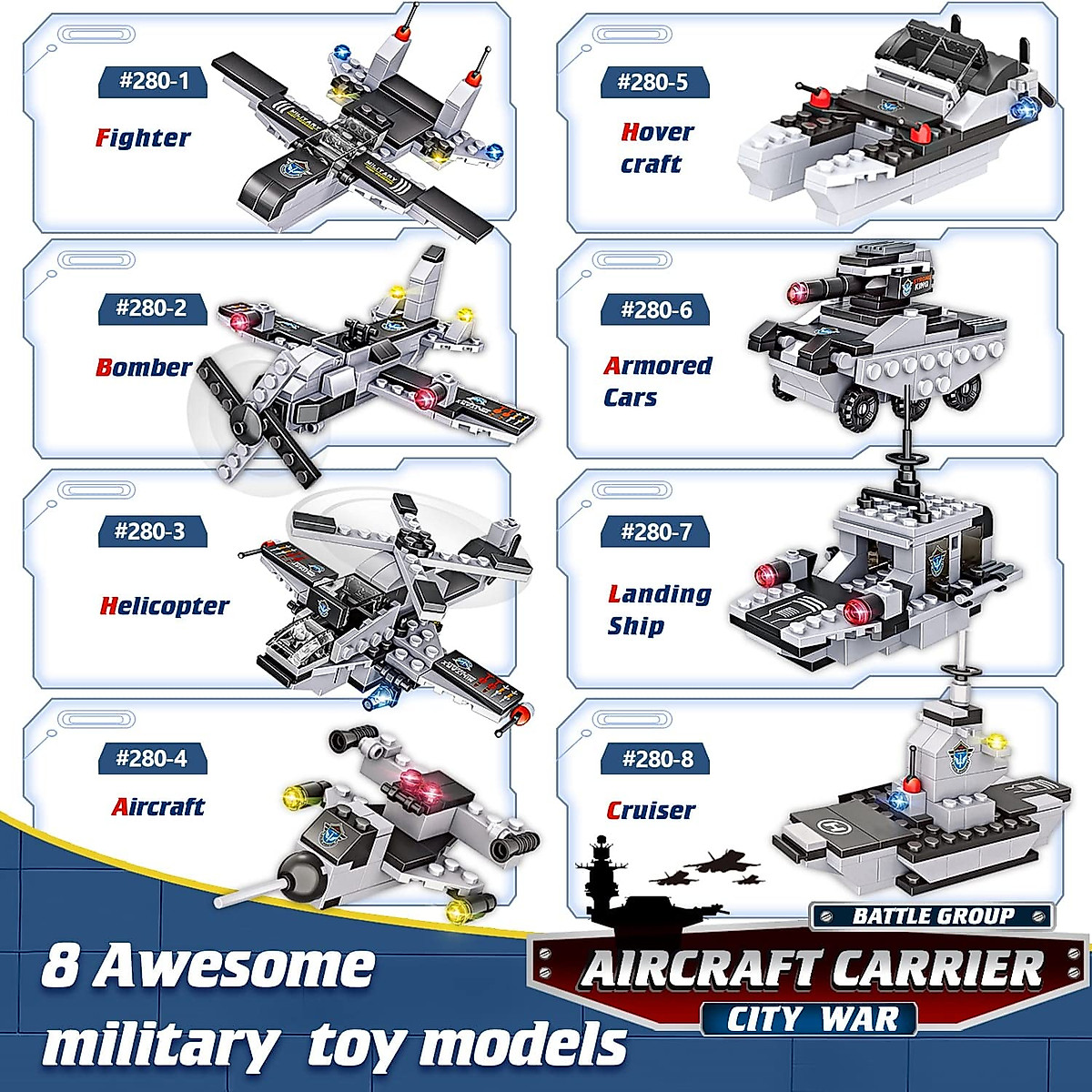 WishaLife 1320 Pieces Aircraft Carrier Building Blocks Set, Military Battleship Model Toy with Army Car, Helicopter & Boat, Military Toys Gift for Kids Boys Girls Age 6-12
