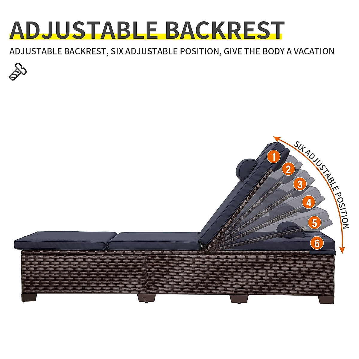 Outdoor PE Wicker Chaise Lounge Set, Patio Lounge Chairs, Outside Pool Lounger Furniture Set of 2, Brown Rattan Recliners with Adjustable Backrest, and Navy Blue Cushions