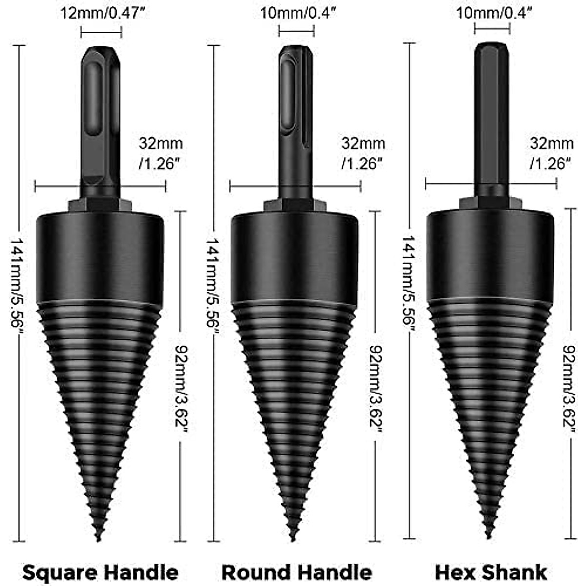 Firewood Log Splitter, 3pcs Drill Bit Removable Cones Kindling Wood Splitting Logs Bits Duty Electric Drills Screw Cone Driver Hex Square Round 32mm