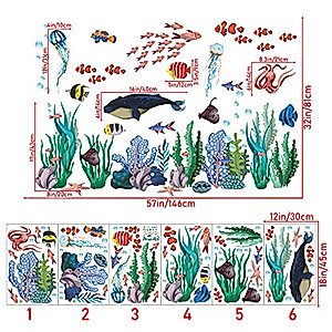 RW-1029 3D Removable Ocean Animals Wall Decals Under The Sea Animals Wall Stickers Fish Whale Seaweed Coral Decals DIY Marine Animals Sea View Wall Art Decor for Kids Baby Bedroom Living Room Nursery