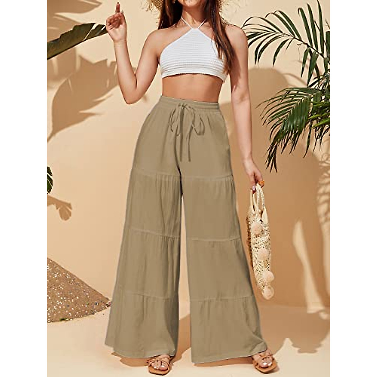 LilyCoco Flowy Pants for Women Palazzo Wide Leg Ruffle Trousers High Waisted Tiered Bell Bottom Camel Small