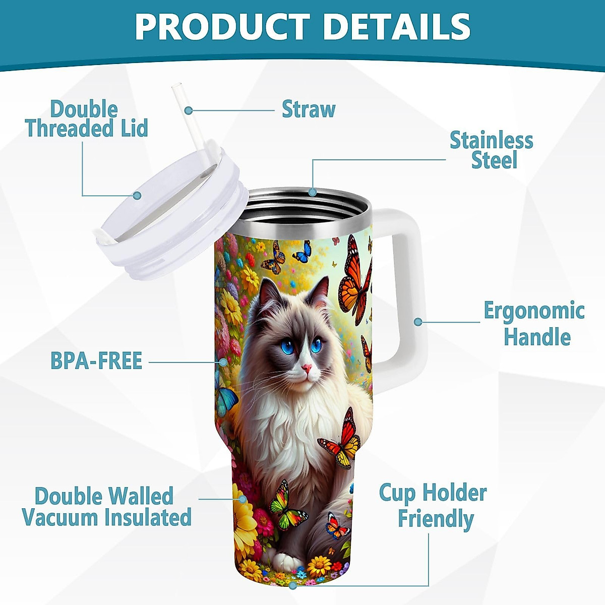 ODAWA Butterfly Cat Insulated Tumbler 30 Oz Coffee Travel Mug with Handle and Straw Lid