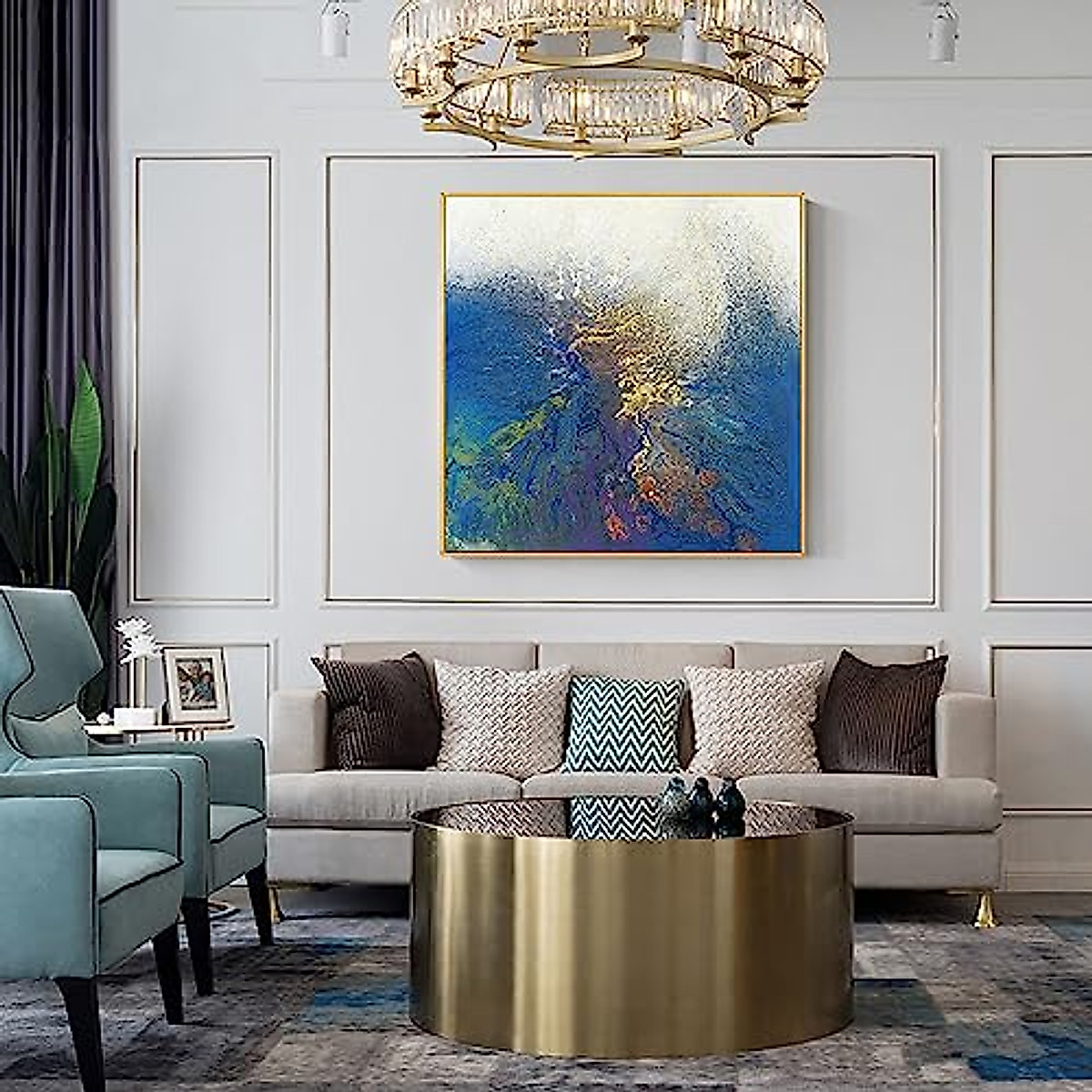 Hand Painted Oil Painting On Canvas Abstract Blue Seascape 3D Colorful Modern Painting Wall Art,31inx31in,No Frame