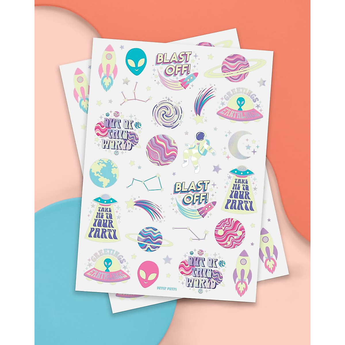 xo, Fetti Space + Planets Glow in Dark Temporary Tattoos for Kids - 50 pcs | Alien Birthday Party Supplies, Astronaut Favors + Rocket ship Decorations