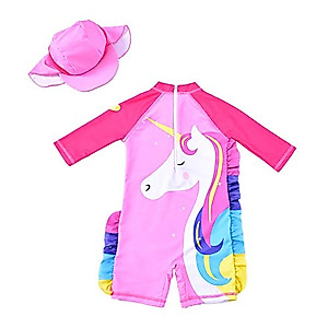 Baby Girl One Piece Swimsuit Sunsuit Long Sleeve Swimwear Rash Guard Toddler Kid Unicorn Bathing Suit Zip with Hat (5-6 Years/110) Pink