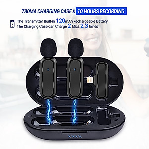 2 Pack Wireless Lavalier Microphone for iPhone iPad, Professional Clip On Lapel Mic with 780MA Charging Case - 10H Plug-Play Noise Reduction 70FT for Video Recording Vlogging, YouTube, Interview