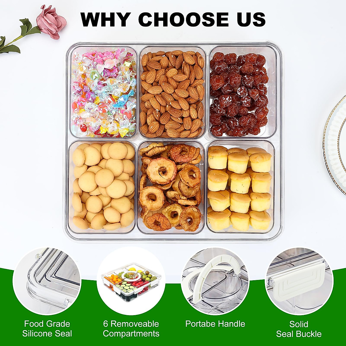 Divided Serving Tray with Lid & Handle, BPA-free Food Storage Container, Snack Box, 6 Compartment Snack Containers, Fruit Storage Containers for Fridge,Storage Organizer For Veggie,Fruit,Candy,Nuts