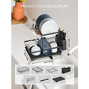 Reemix Dish Drying Rack, 2 Tier Dish Drainer with Removable Utensil Holder and Swivel, Durable High Carbon Steel Material, Larger Capacity, Easy Installation, Black