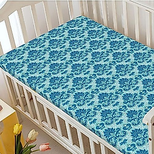 Damask Themed Fitted Crib Sheet,Standard Crib Mattress Fitted Sheet Soft Toddler Mattress Sheet Fitted - Baby Crib Sheets for Girl or Boy,28“ x52“,Seafoam Blue