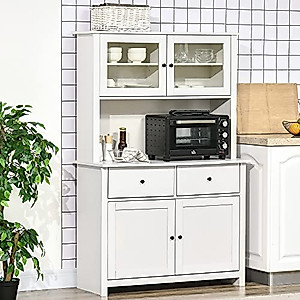 HOMCOM 63.5" Kitchen Buffet with Hutch, Pantry Storage Cabinet with 4 Shelves, Drawers, Framed Glass Doors, Open Microwave Countertop, Antique White