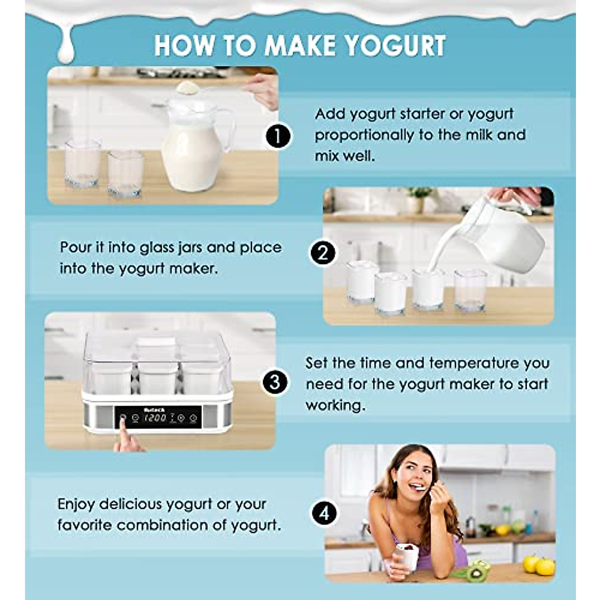 Suteck Yogurt Maker, Greek Yogurt Maker with Temperature Control & Timer, Automatic Digital Yogurt Makers with 9 Glass Jars, 2 Spoons & Recipe, Perfect for Home Organic Yogurt, Cheese/Natto Maker.
