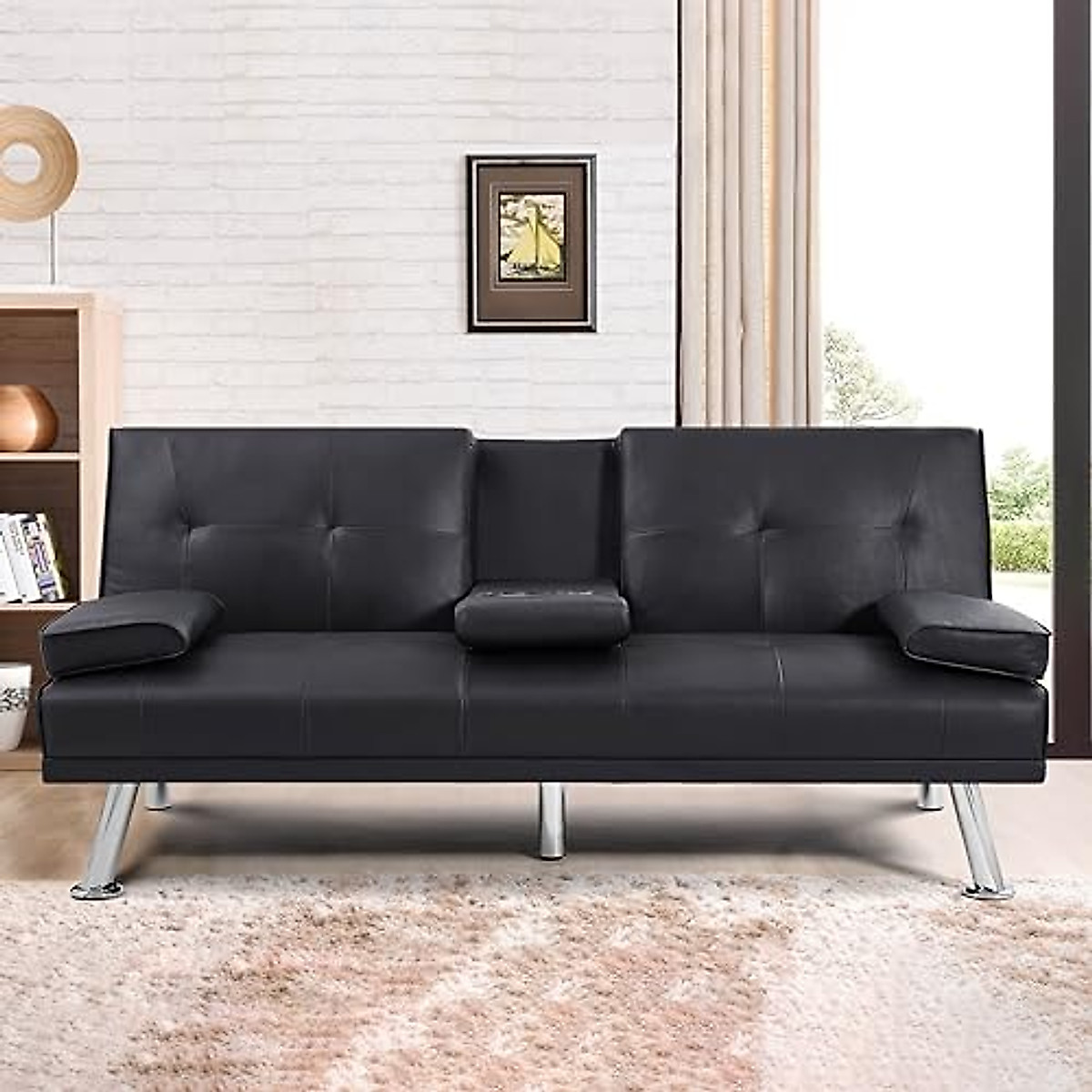 PAPAHUG Convertible Versatile Sleeper Folding Futon Bed,Adjustable Faux Leather Sofa Couch for Living Room,Metal Legs, 2 Cup Holders