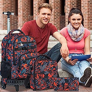 ZLYERT 3PCS Rolling Backpack for Boys, Travel Wheeled Backpacks for Adults, Teens College Roller Bookbag with Wheels for Men - Red