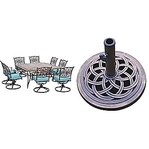 Hanover Traditions 9-Piece Rust-Free Aluminum Outdoor Patio Dining Set, 8 Swivel Rockers and Aluminum Square Dining Table & DC America UBP18181-BR 18-Inch Cast Stone Umbrella Base
