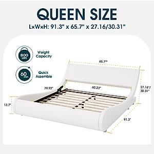 WEEWAY Modern Queen Size Upholstered Platform Bed Frame, Faux Leather Sleigh Bed with Adjustable Headboard, Strong Wood Slats Support, No Box Spring Needed, White